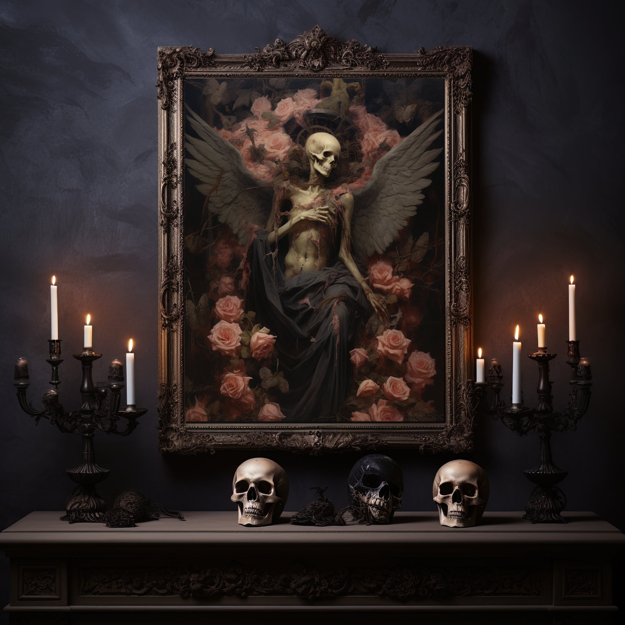 Glorious Decay, Winged Skeleton in the Bed of Roses, Wall Art, Home ...