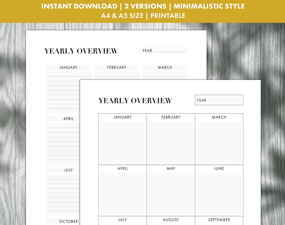 Yearly Overview, Undated Yearly Planner, A4/A5 PRINTABLE Yearly ...