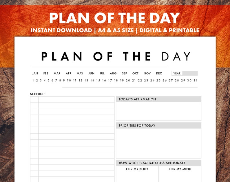 Plan of the Day, Daily Planner, Daily Review, A4/A5 DIGITAL + PRINTABLE ...