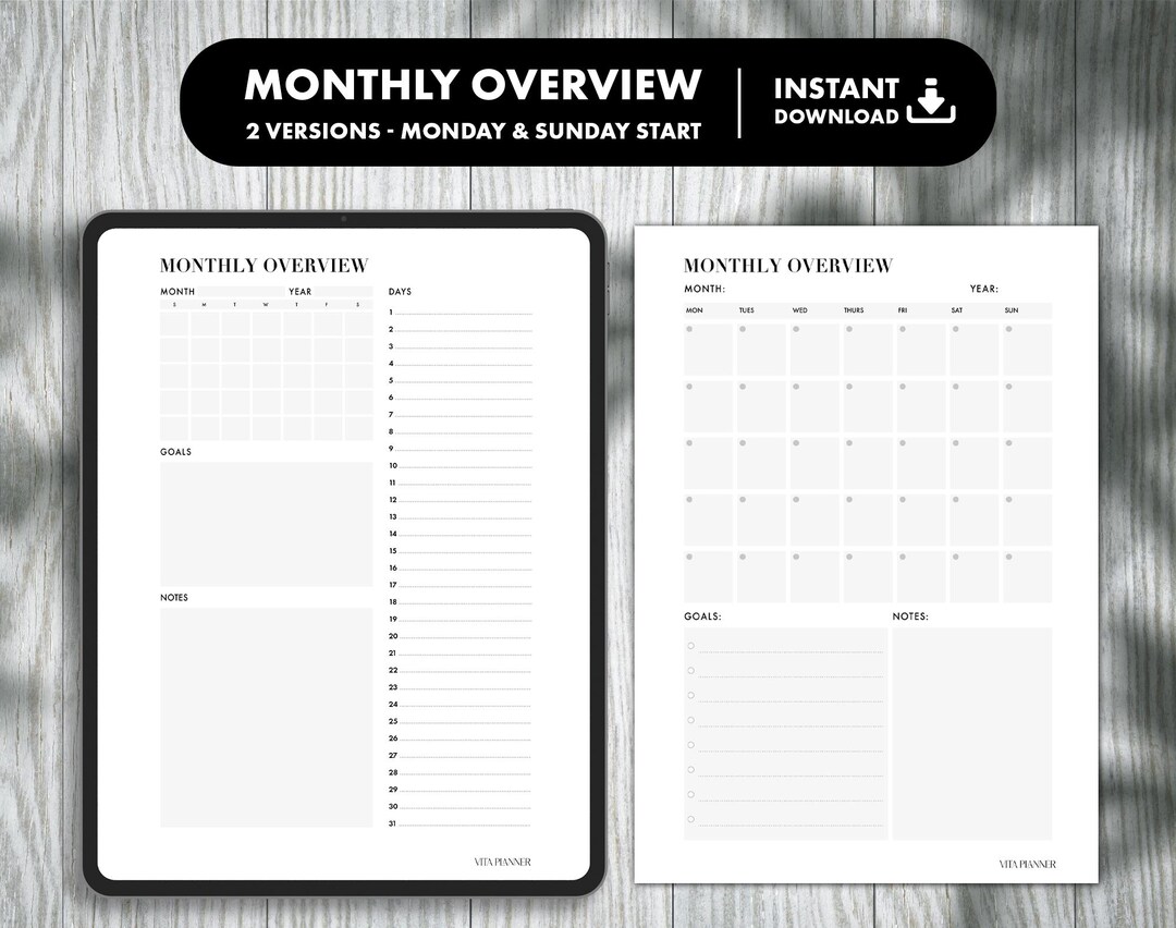 Monthly Overview, Undated Monthly Planner, A4/A5 DIGITAL + PRINTABLE ...