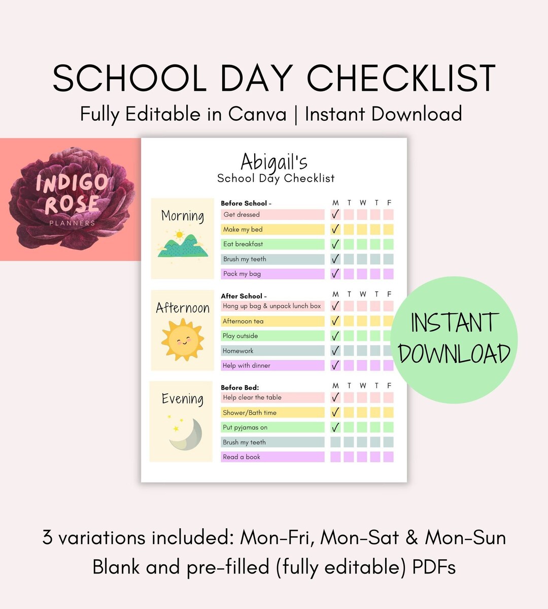 Editable Chore Chart for Kids | School Day Checklist Printable | Cute ...