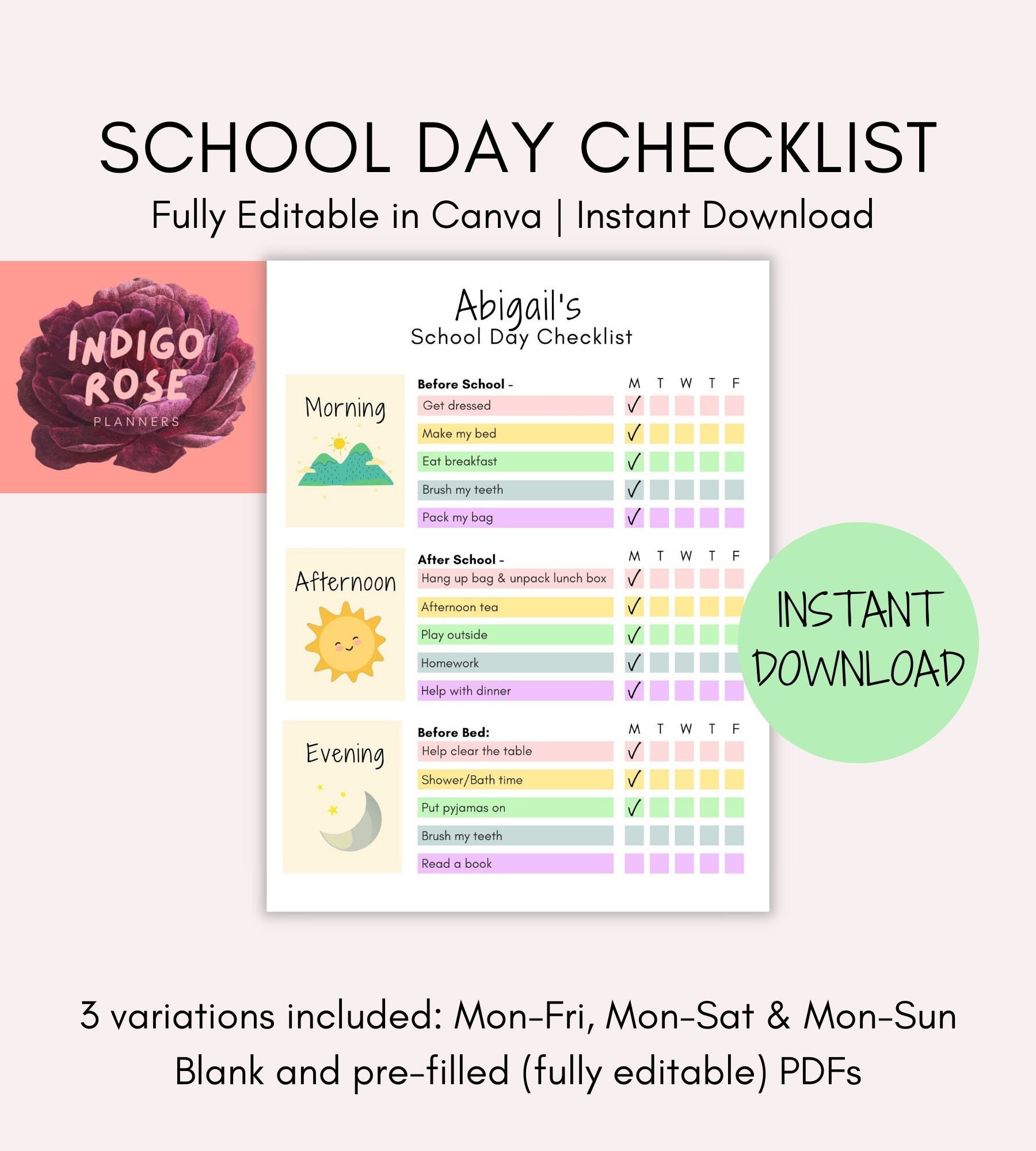 Editable Chore Chart for Kids School Day Checklist Printable Cute Daily ...