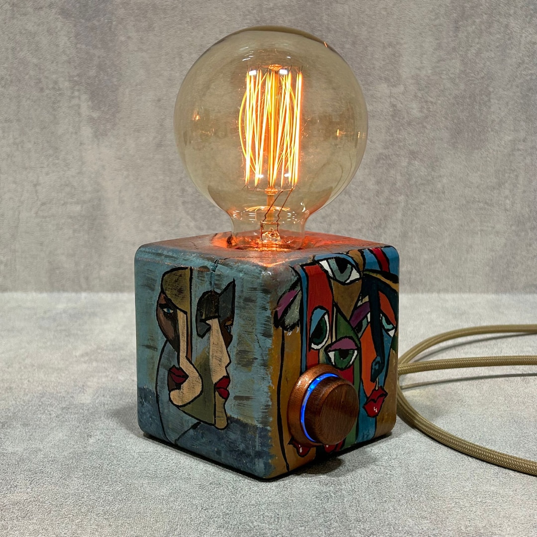 Pop Art Wooden Table Lamp, Modern Art Bedside Lamp, Handmade Cubist ...