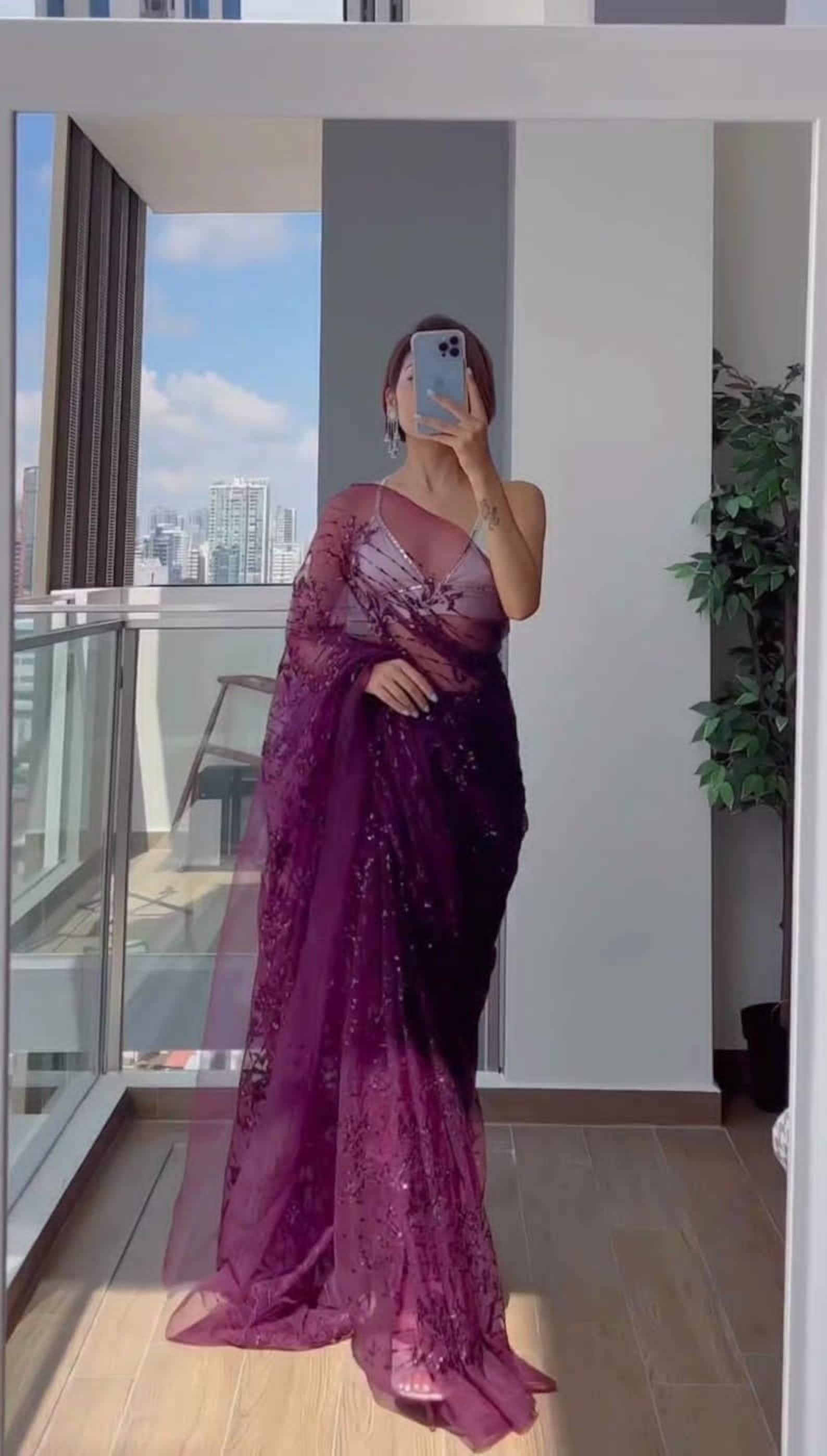 Purple Color Mono Net Saree, Embroidery Work Saree, Party Wear ...