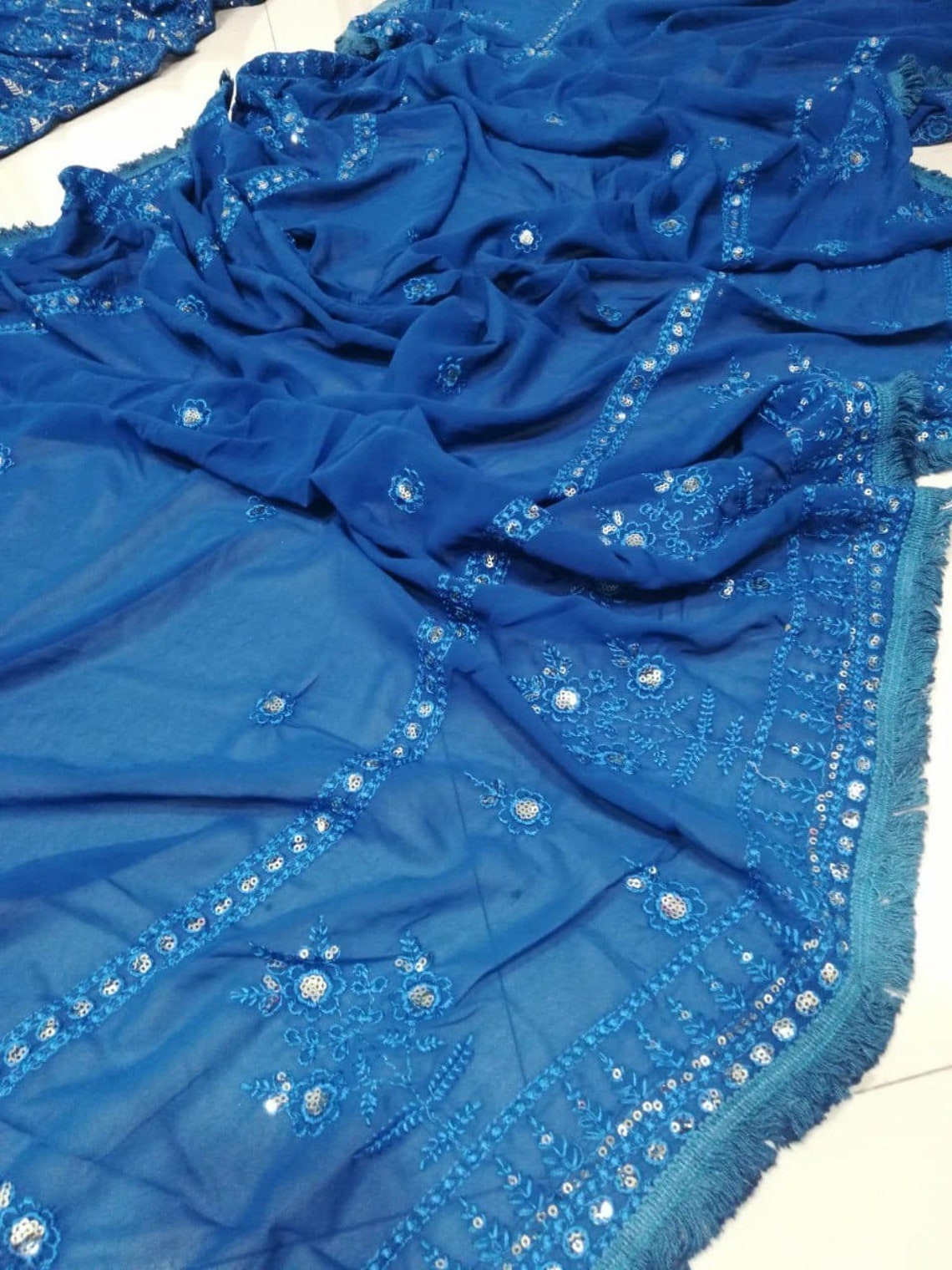 Rama Blue Color Heavy Gerogette Embroidery Sequence Work - Etsy