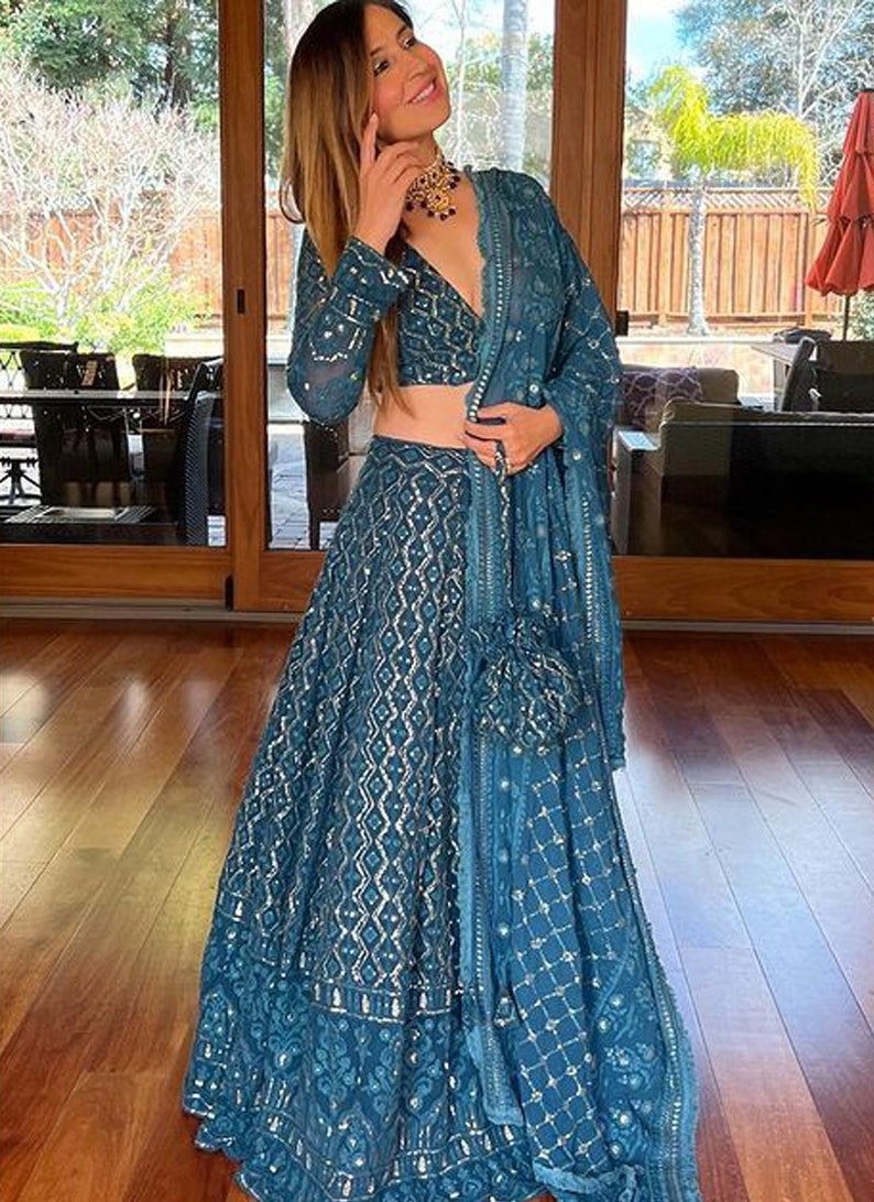 Rama Blue Color Heavy Gerogette Embroidery Sequence Work - Etsy