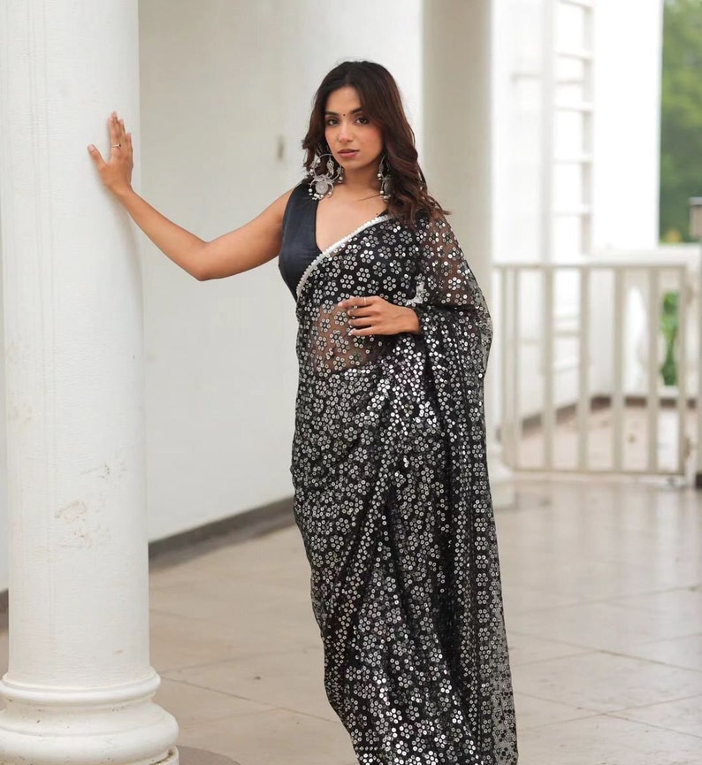 Black Colour Soft Georgette With Designer Sequence Embroidery Work Saree Beautiful Wedding Saree ...