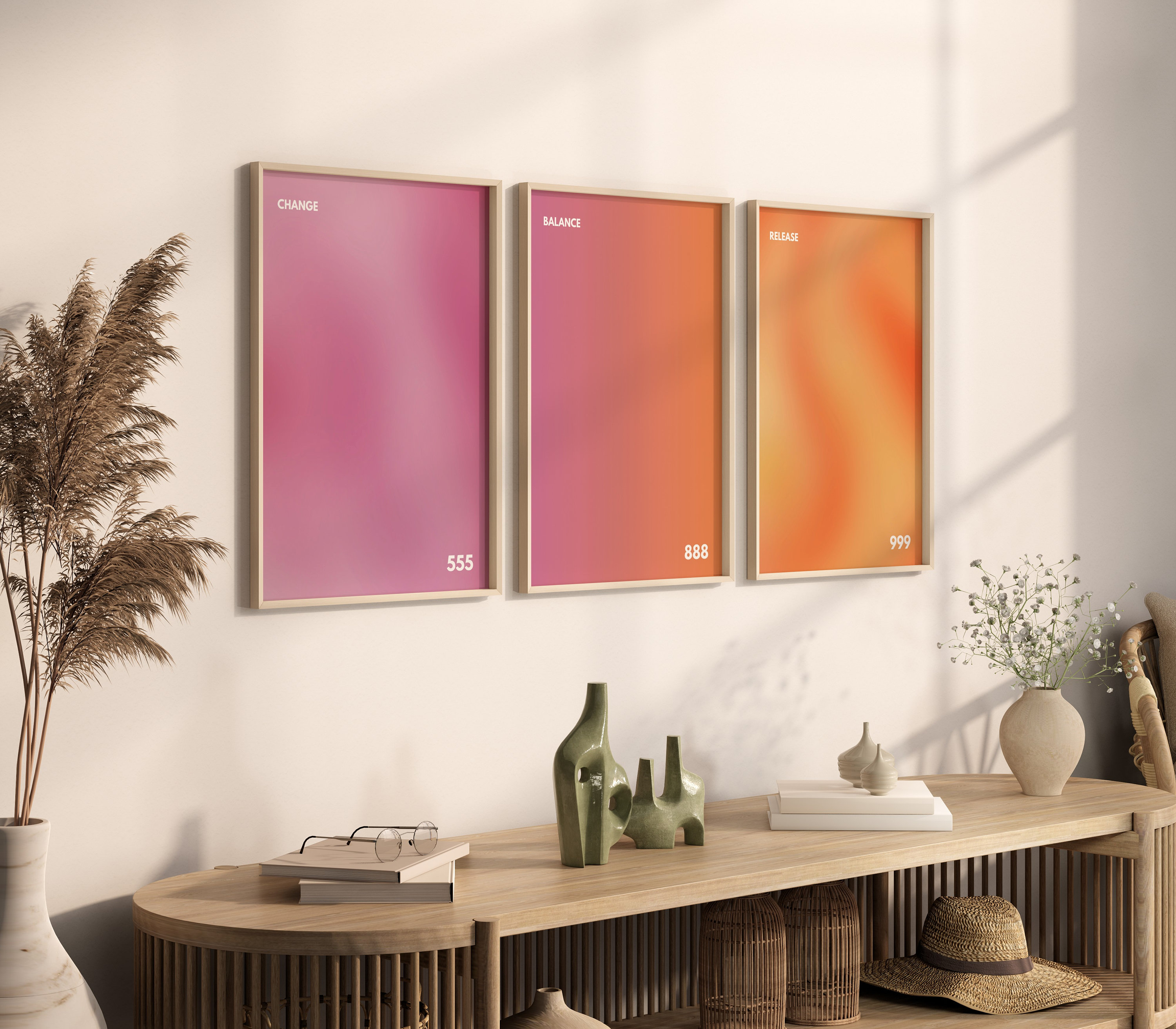 Pink & Orange Gradient Aura Digital Wall Art Set, Angel Number Poster ...