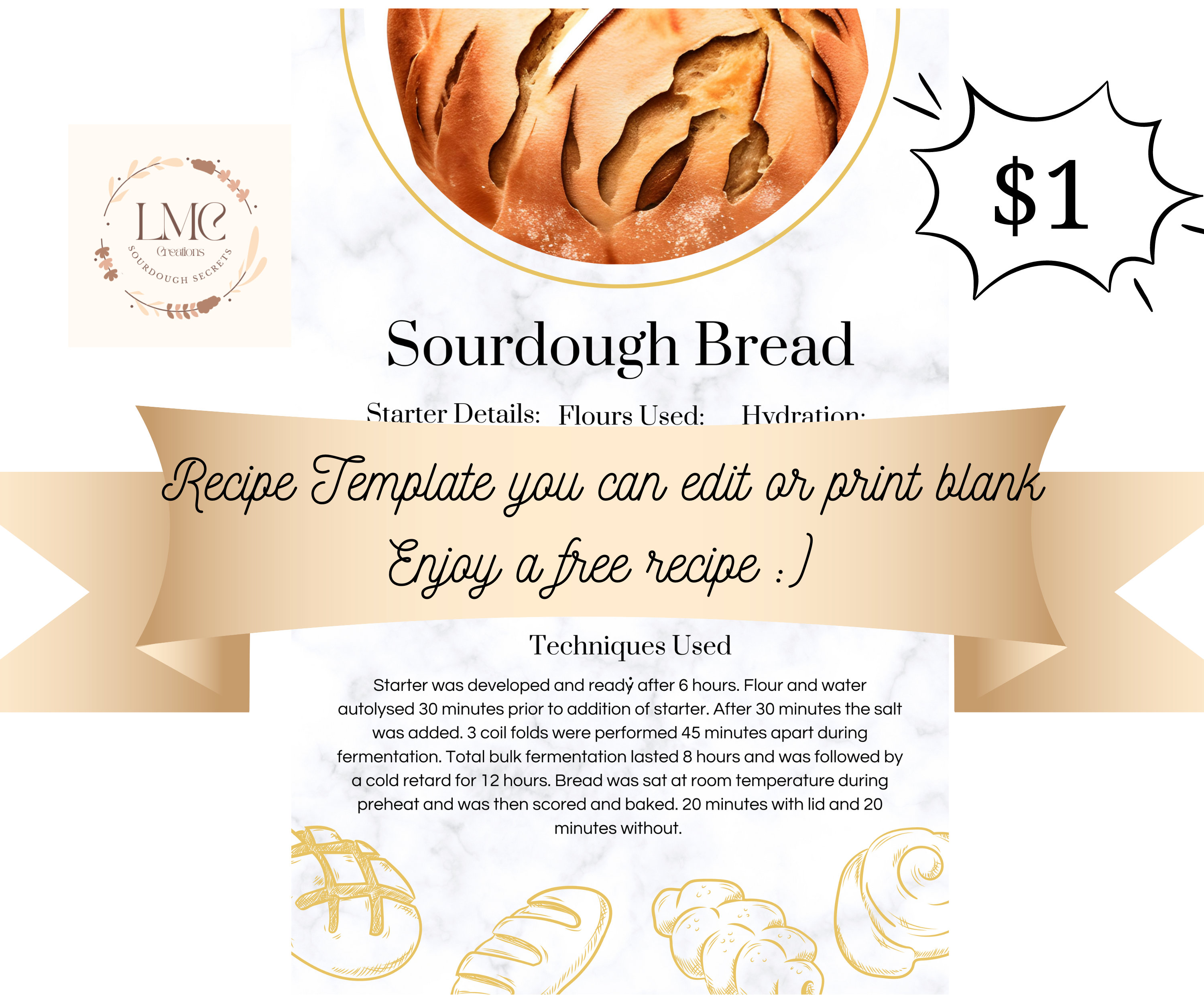 Editable Bread Recipe Template With Free Recipe - Etsy