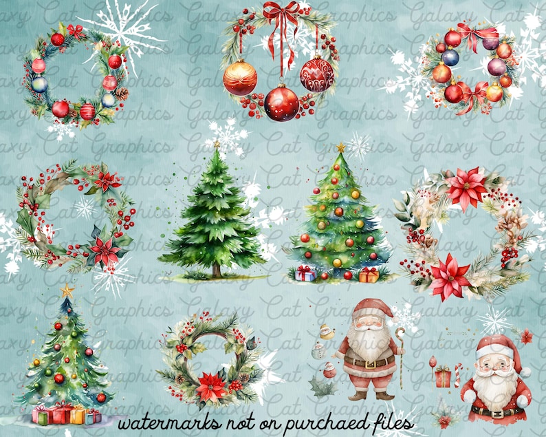 Christmas Clipart Watercolor, Christmas PNG, Holiday Clipart, Christmas ...