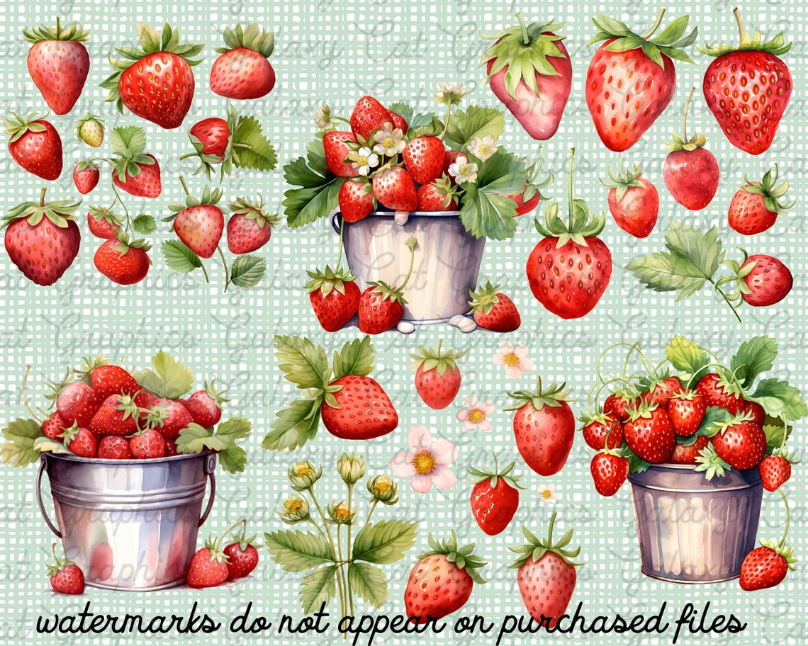 Strawberries Clipart, Fruit Clip Art, Digital Download, Strawberry Png ...
