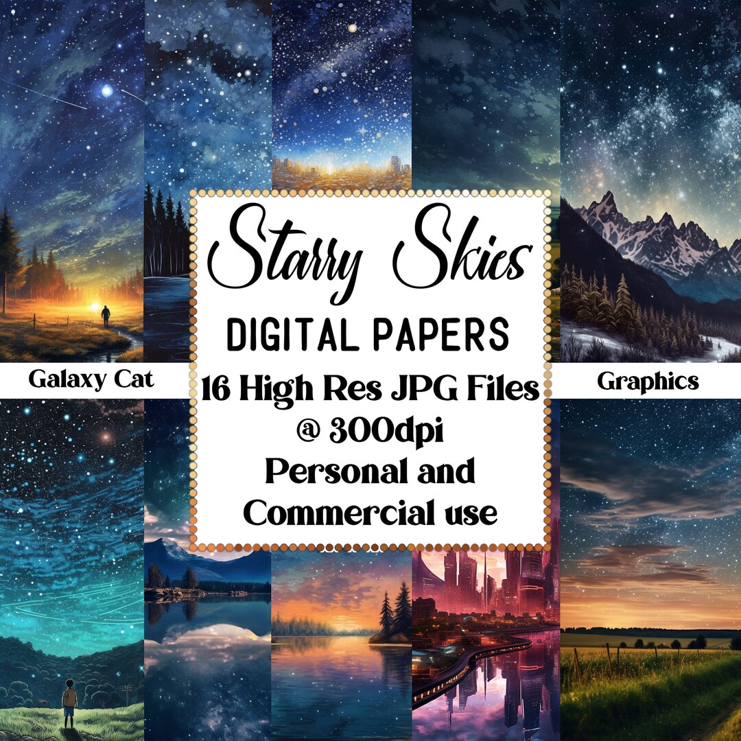 Starry Night Digital Paper, Starry Sky Painting, Landscape Digital Art ...