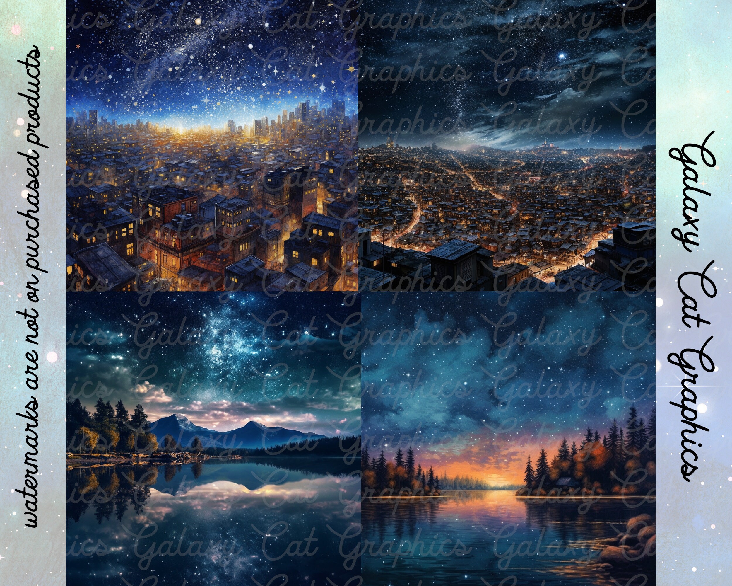 Starry Night Digital Paper, Starry Sky Painting, Landscape Digital Art ...