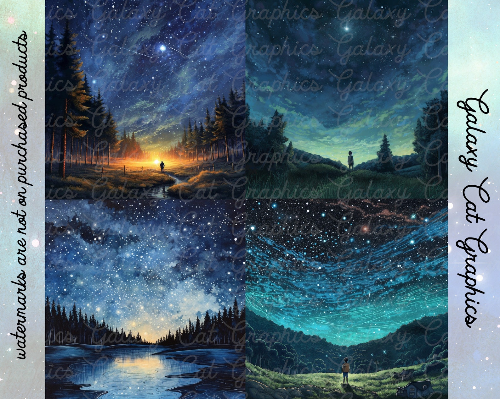 Starry Night Digital Paper, Starry Sky Painting, Landscape Digital Art ...