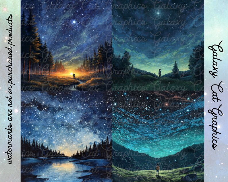 Starry Night Digital Paper, Starry Sky Painting, Landscape Digital Art ...