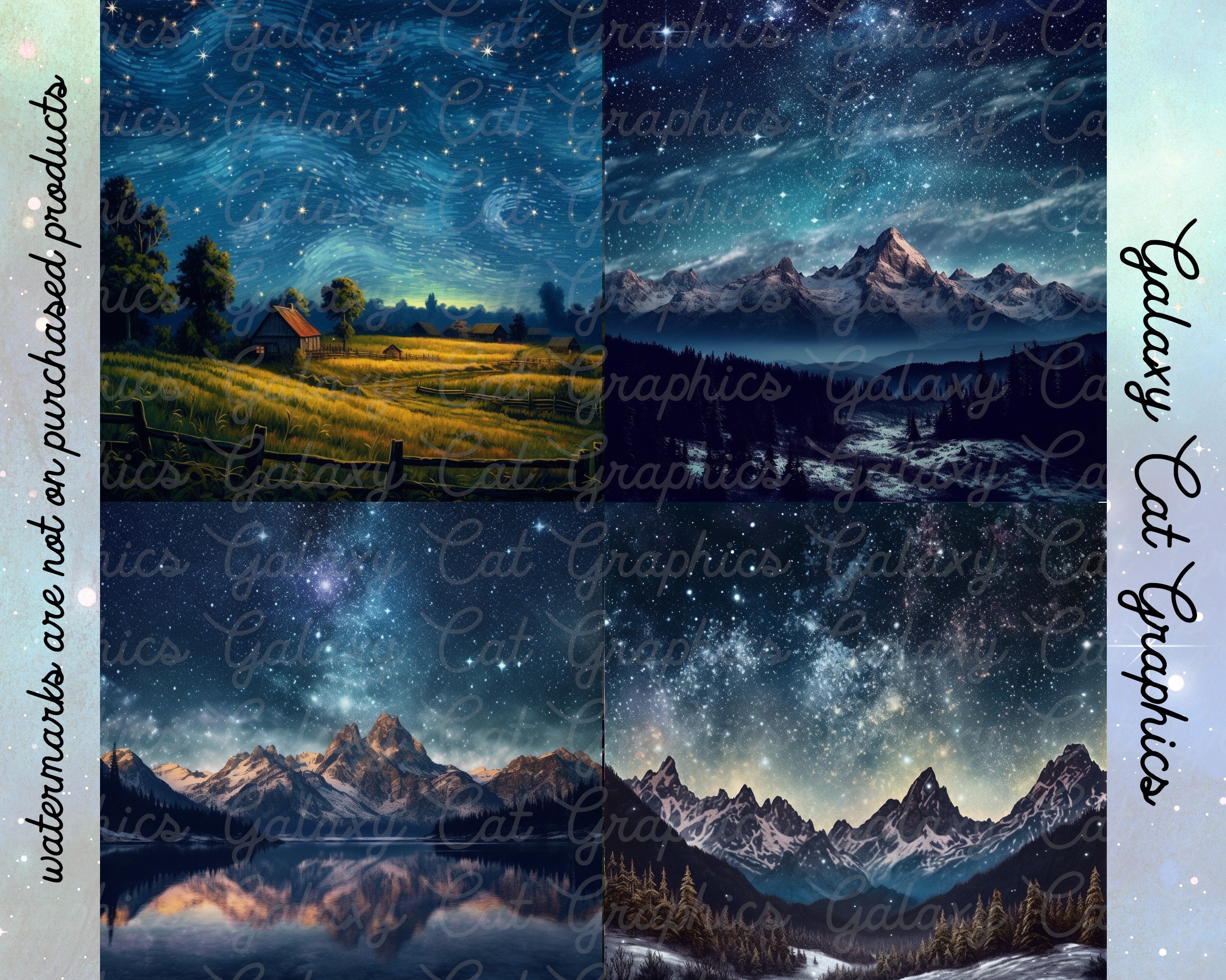 Starry Night Digital Paper, Starry Sky Painting, Landscape Digital Art ...