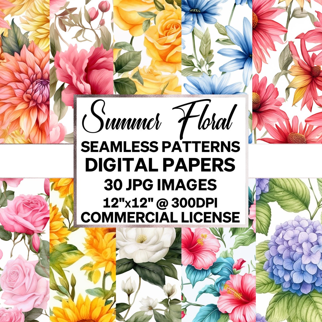 Floral Digital Papers, Seamless Patterns, Flowers Digital Art, Summer ...