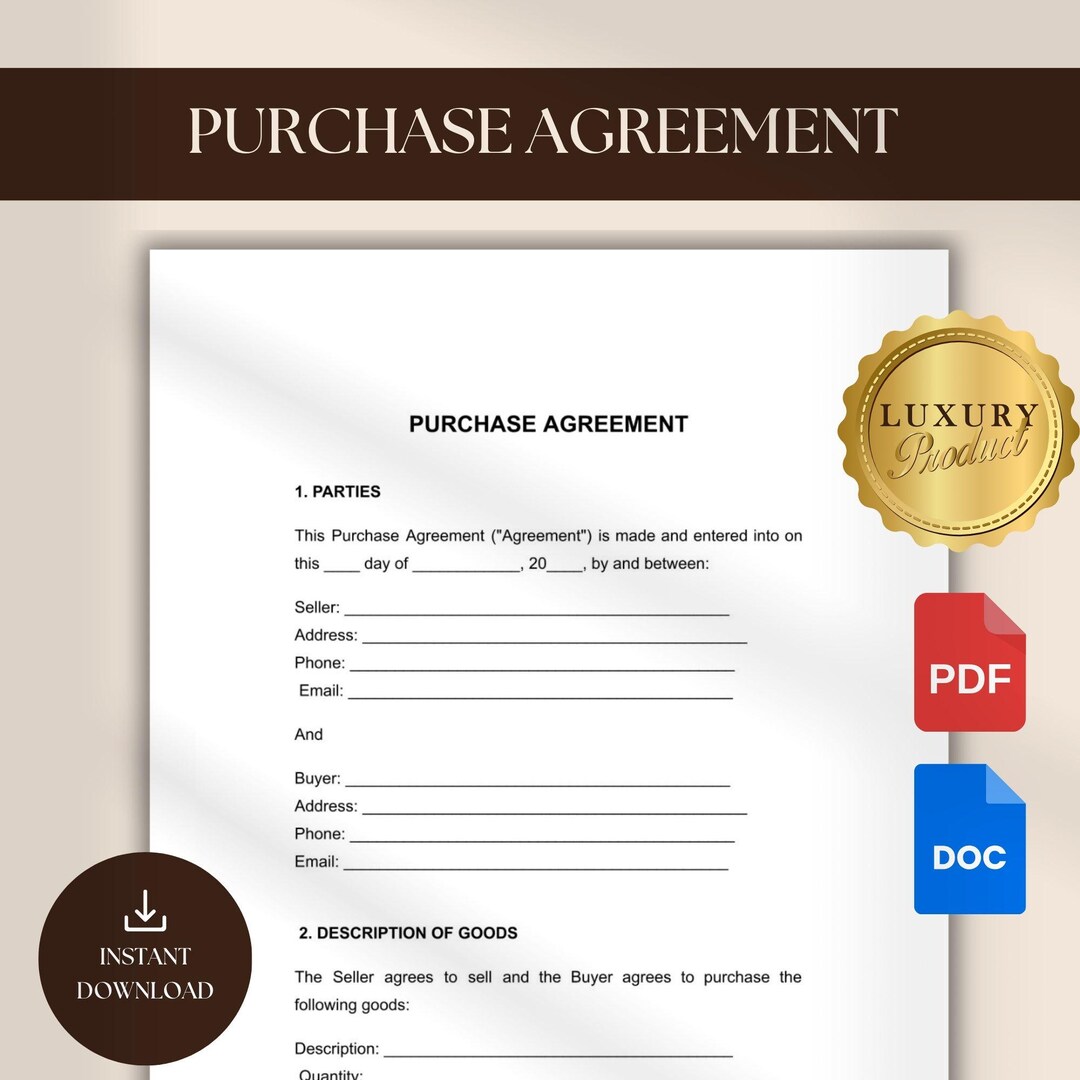 Printable Purchase Agreement Template Editable Purchase and Sale ...