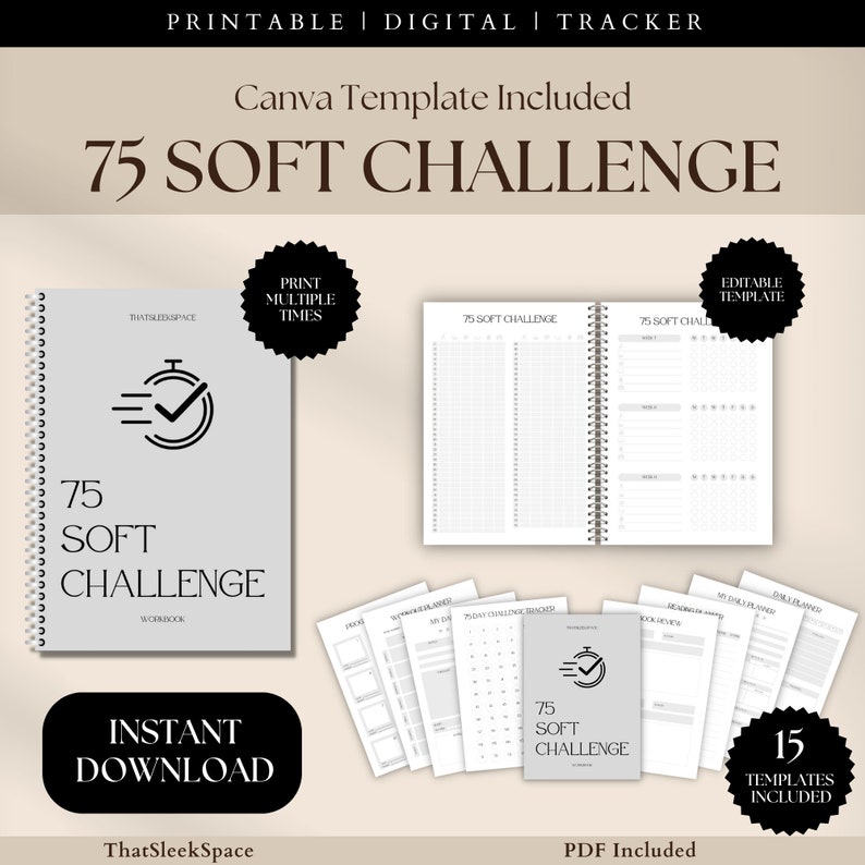 Canva Editable 75 Soft Challenge Tracker Bundle | Printable | Daily 75 ...