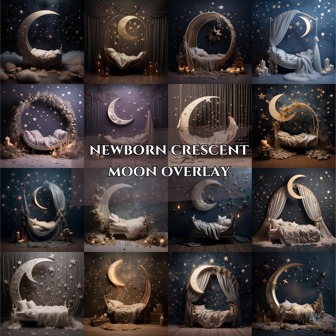Newborn Digital Backdrop, White Crescent Moon, Baby Boy Girl, Moon Star ...