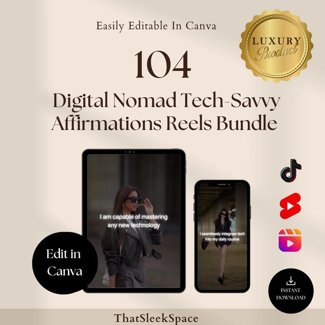 105 Digital Nomad Tech-savvy Reels Bundle Instagram Tiktok Youtube Shorts Canva Editable Viral ...