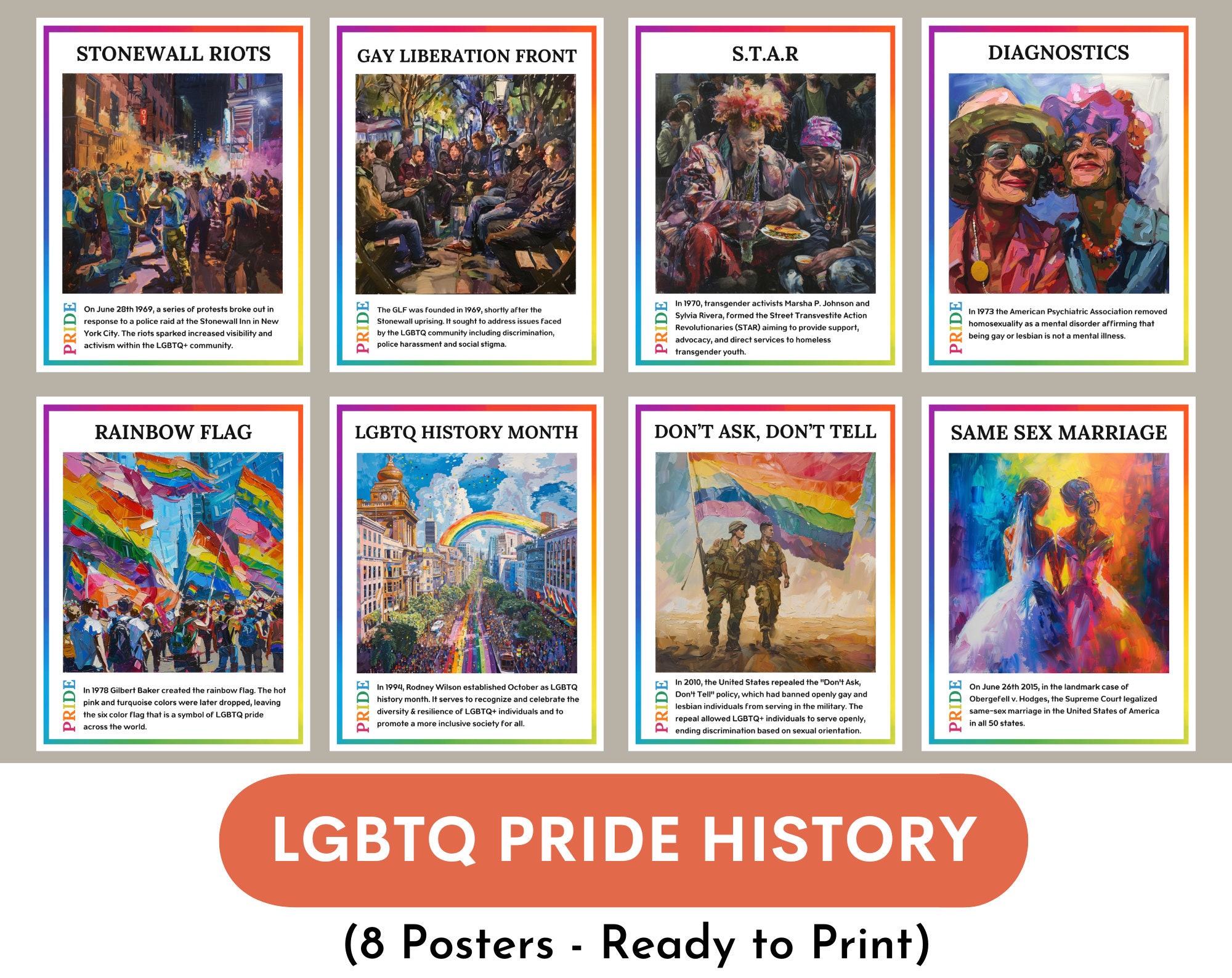 LGBTQ+ PRIDE History Posters (set of 8), Pride Month Posters, Classroom ...