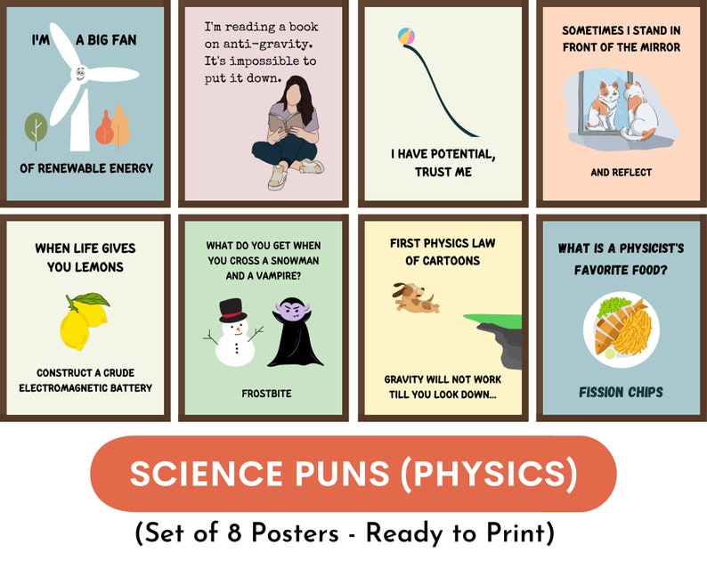 Funny Science Puns Posters (set of 8), Physics Puns Posters, Physics ...