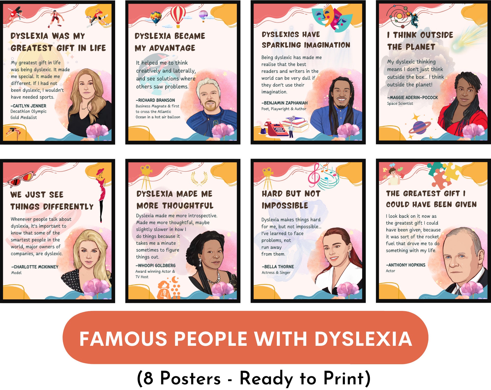 Famous People With Dyslexia Posters set of 8 Inspirational - Etsy