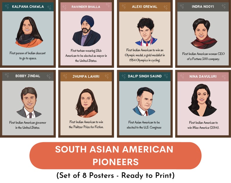 South Asian American Pioneers Posters(set of 8), Remarkable Indian ...