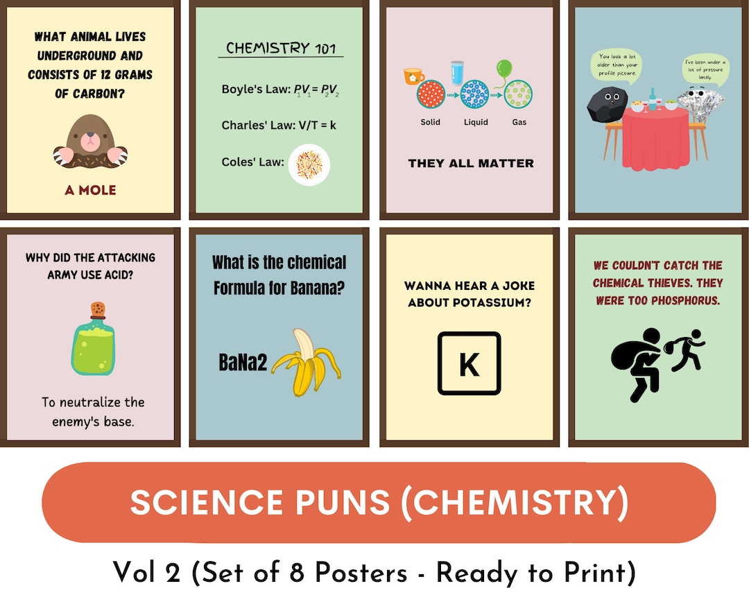 Vol2 set of 8 Funny Science Puns Posters Chemistry Puns - Etsy