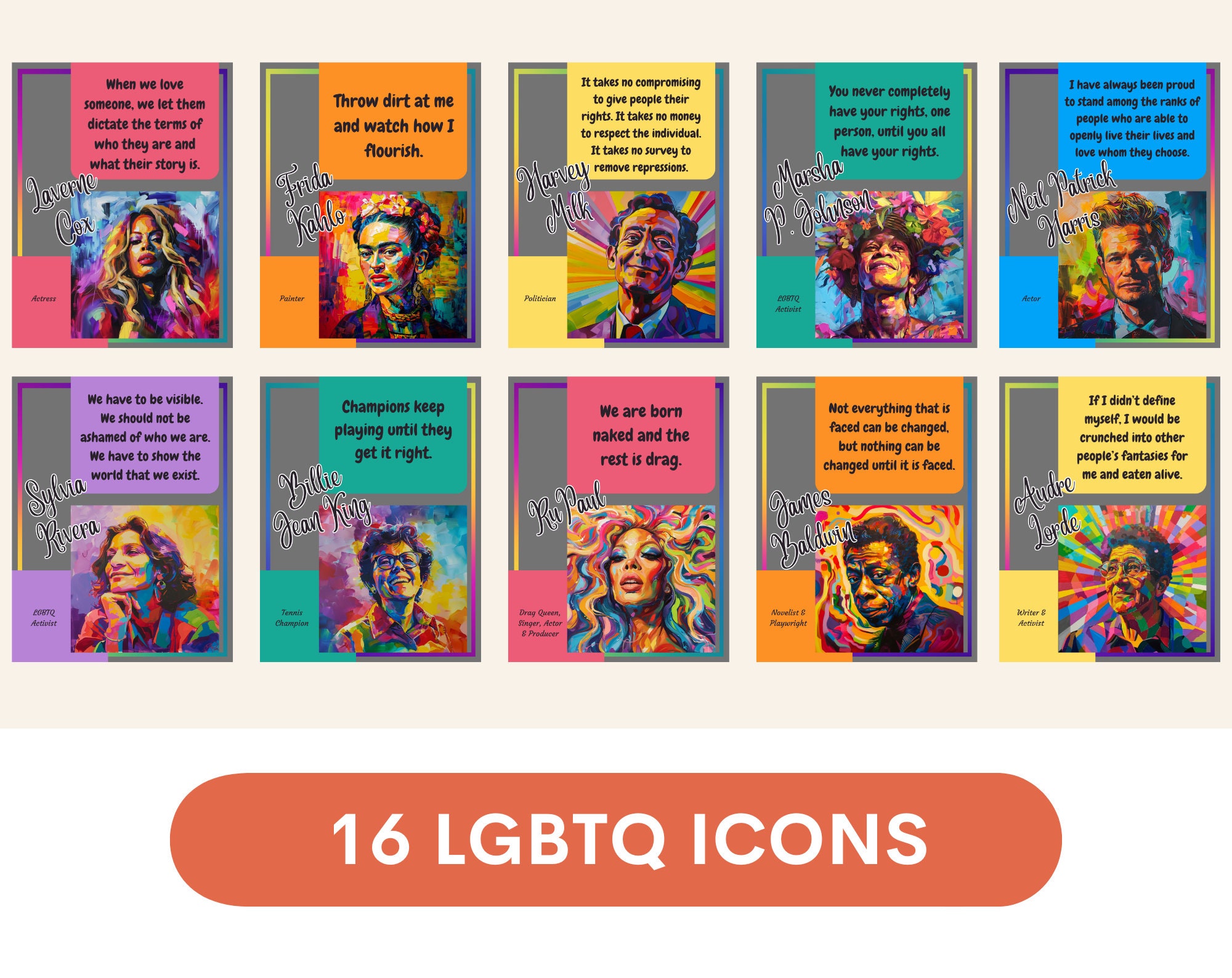 Famous LGBTQ Icons 16 Posters, Grey Theme, Famous LGBTQ Leaders, Pride ...
