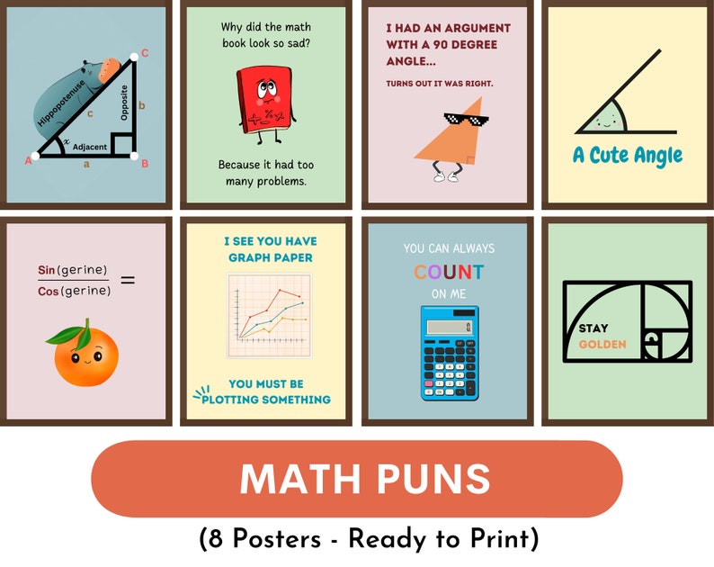 Set of 8 Math Posters, Math Puns and Jokes, Math Classroom, Educational ...