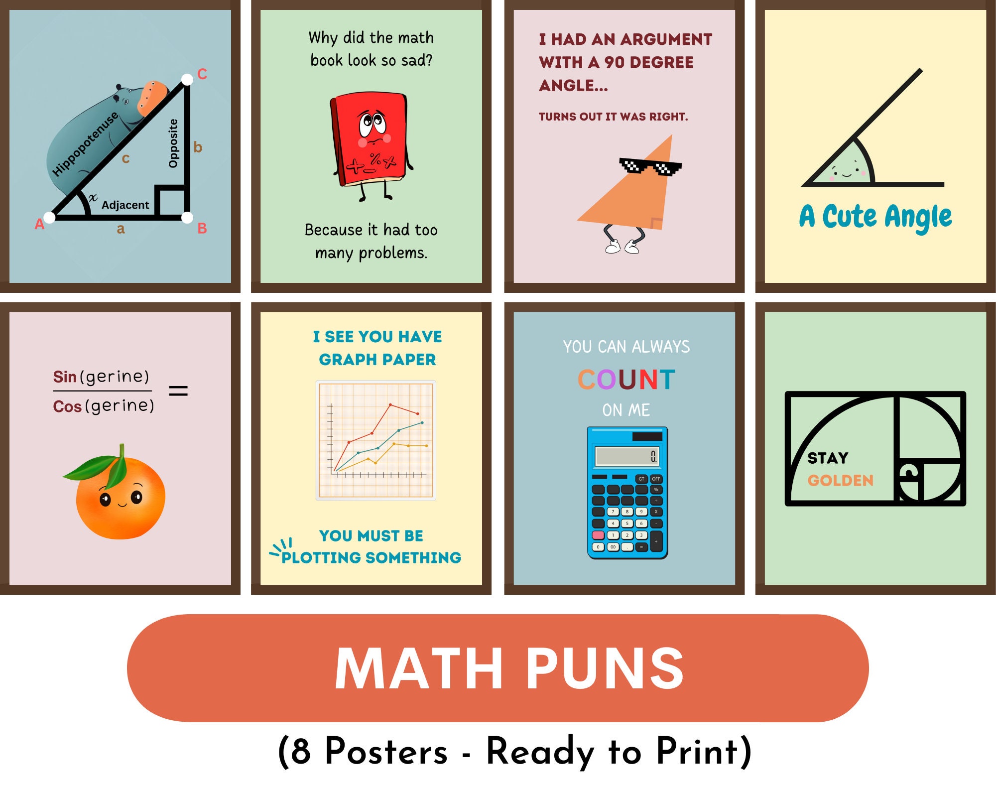 Set of 8 Math Posters, Math Puns and Jokes, Math Classroom, Educational ...