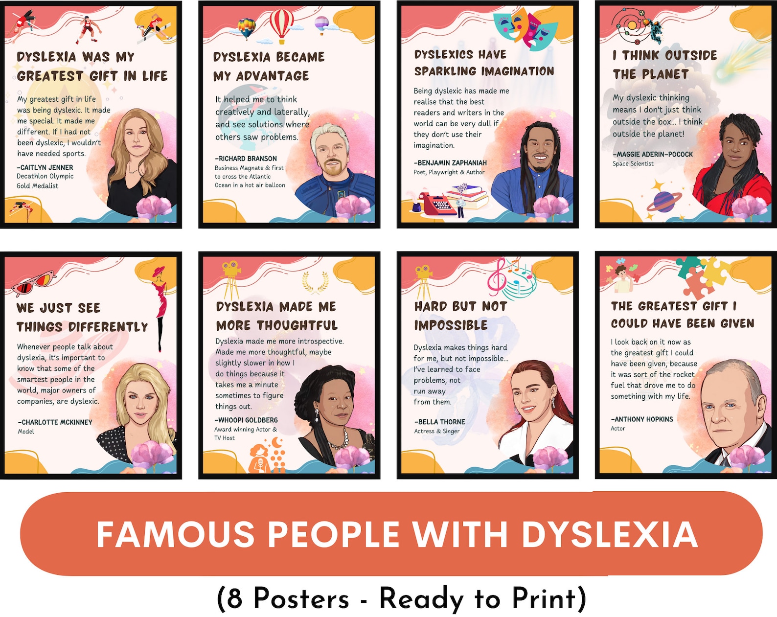 Famous People With Dyslexia Posters set of 8 Inspirational - Etsy