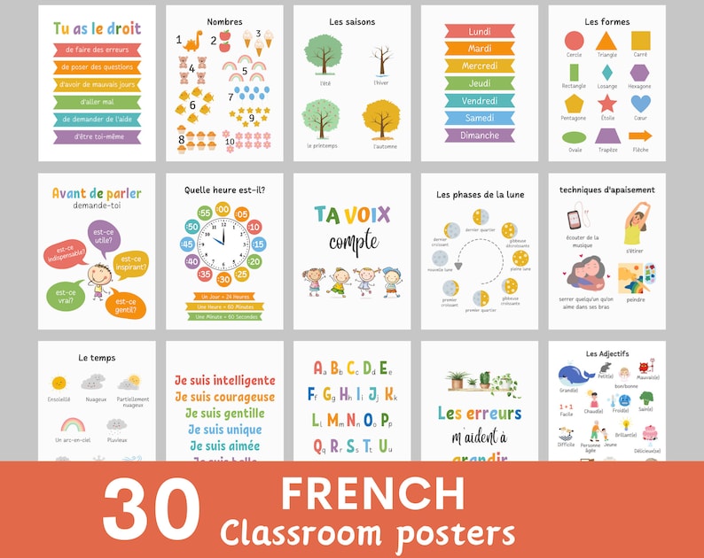 French Classroom Posters (30 Posters), French Classroom Decor, Bright ...