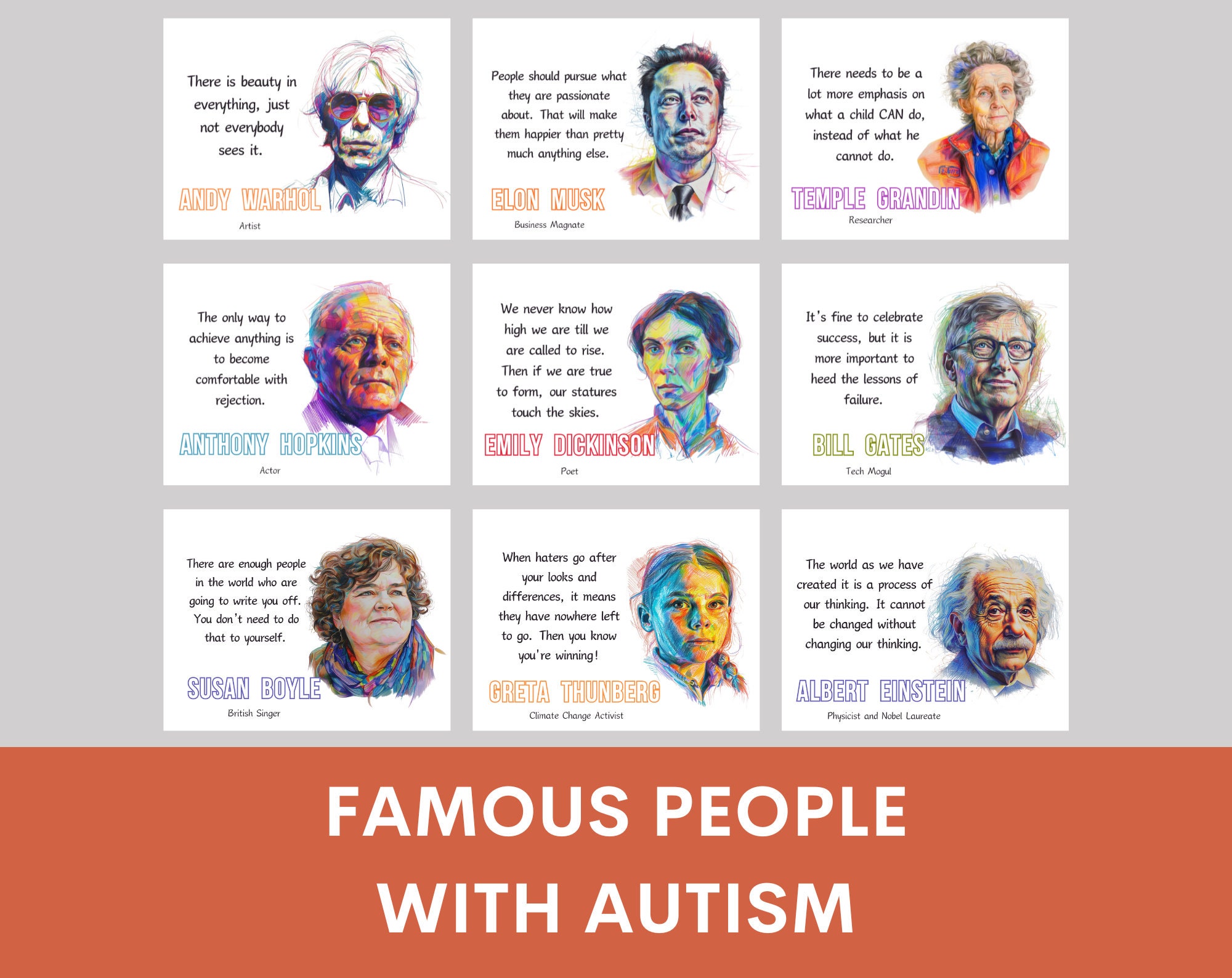Famous People With Autism Posters set of 9, Neurodiversity Awareness ...