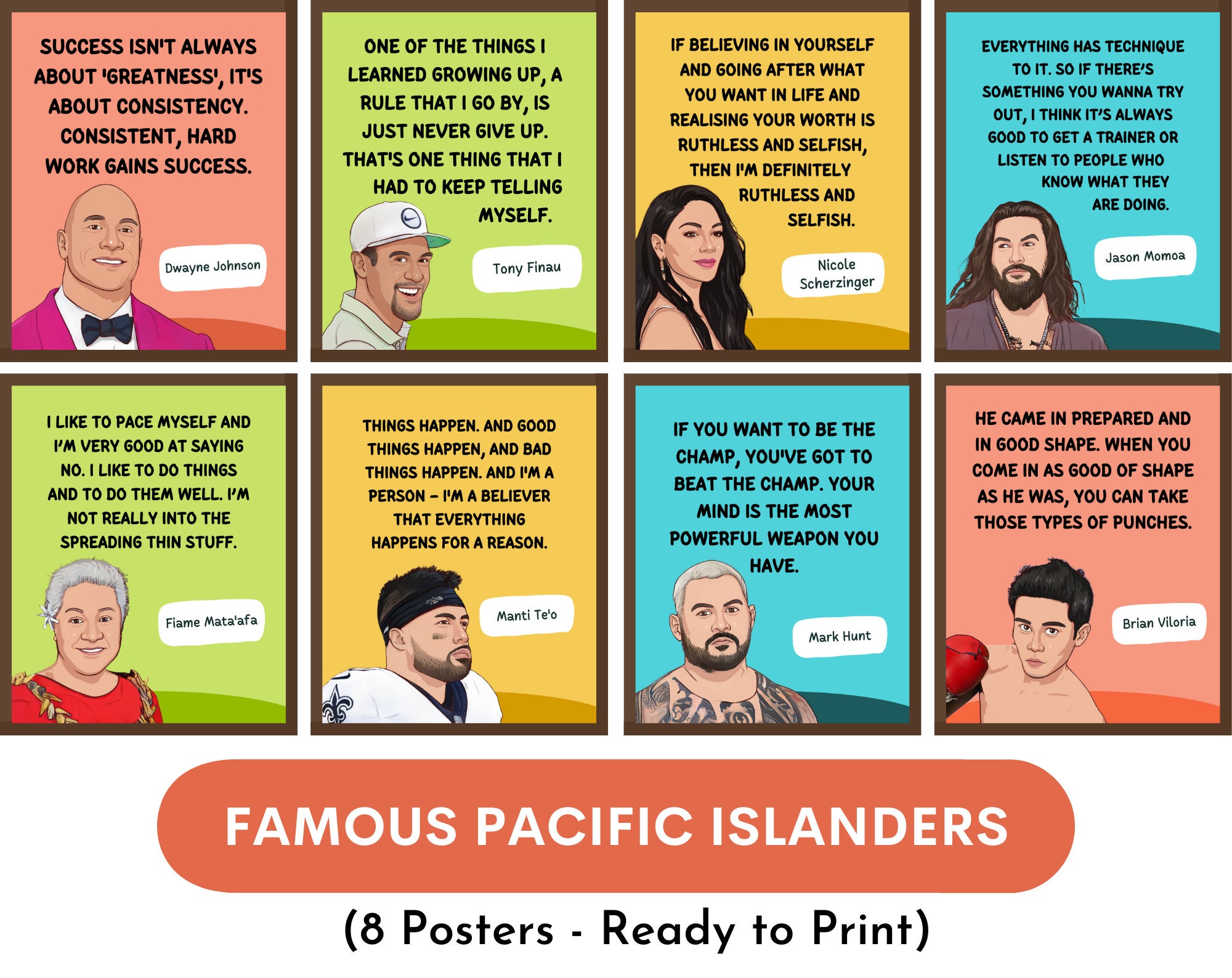 Famous Pacific Islanders Posters-rainbowset of 8, Asian American ...