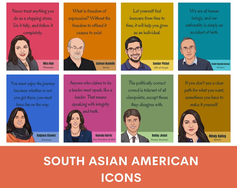 South Asian American Icons Posters(set of 8), Iconic Indian Americans ...