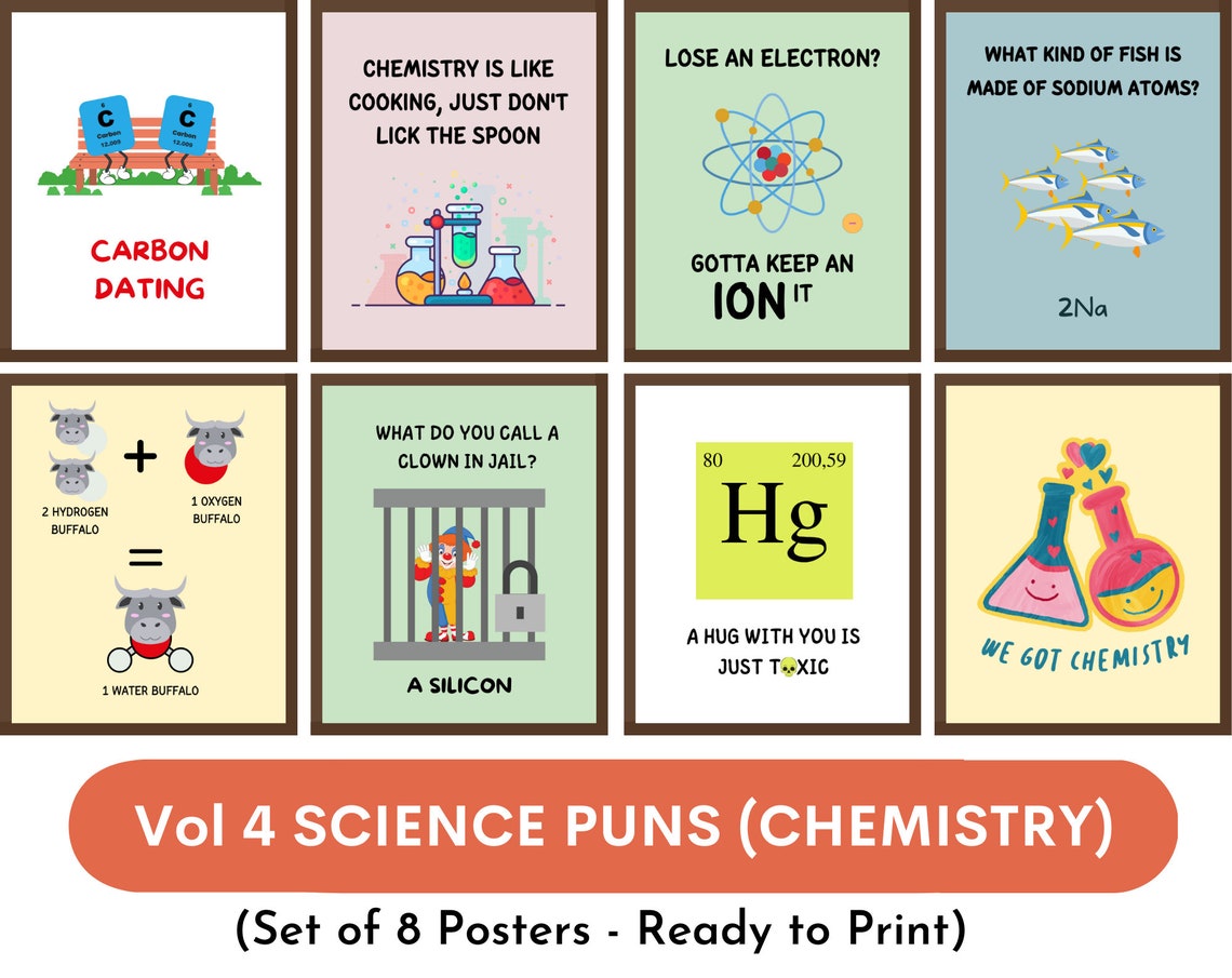 Vol4 set of 8 Funny Science Puns Posters Chemistry Puns - Etsy