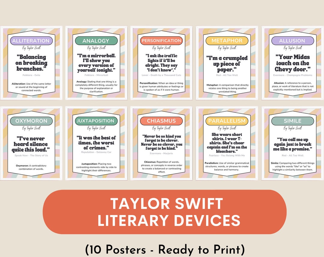 Taylor Swift Literary Devices Posters (set of 10), English Classroom ...