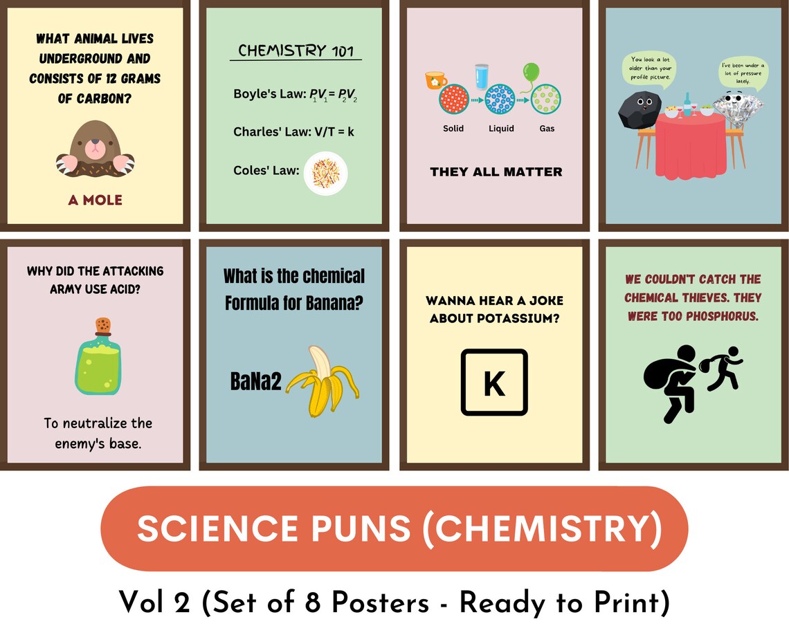 Vol2 (set of 8) Funny Science Puns Posters, Chemistry Puns Posters ...