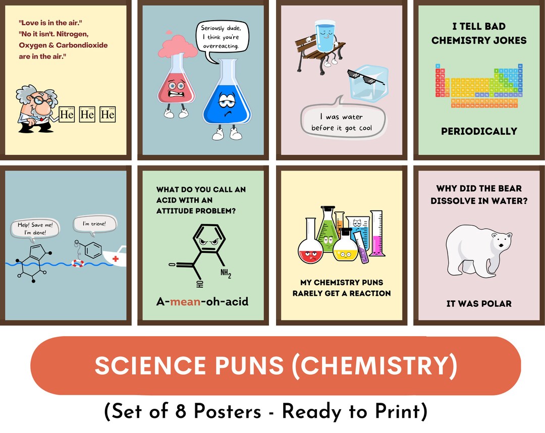 Set of 8 Funny Science Puns Posters Chemistry Puns Posters - Etsy