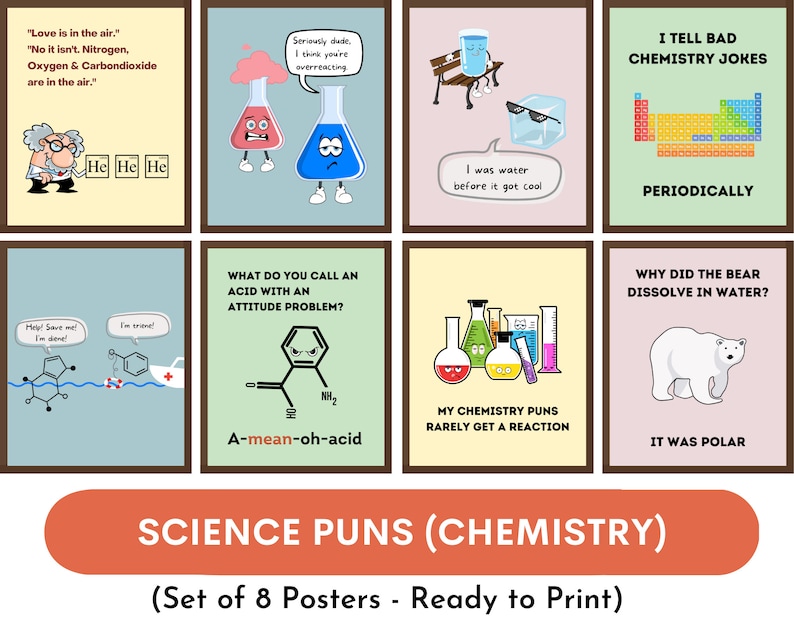 Set of 8 Funny Science Puns Posters Chemistry Puns Posters - Etsy