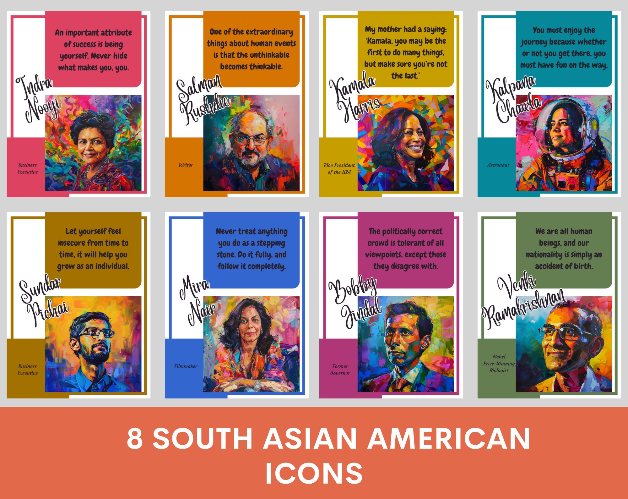 Famous South Asian American Icons (set of 8 Posters), Iconic Indian ...