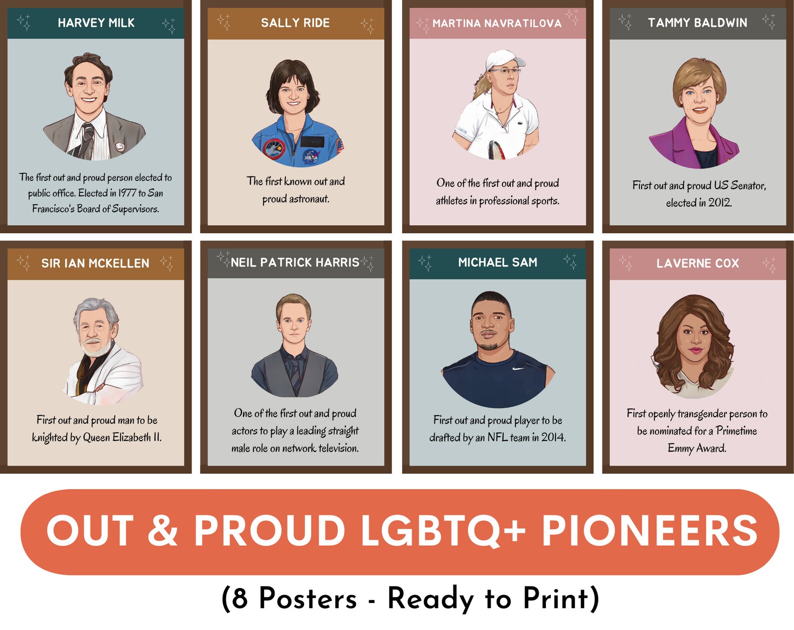 LGBTQ+ Leaders (set of 8 Posters), Famous LGBTQ Pioneers Posters, Pride ...