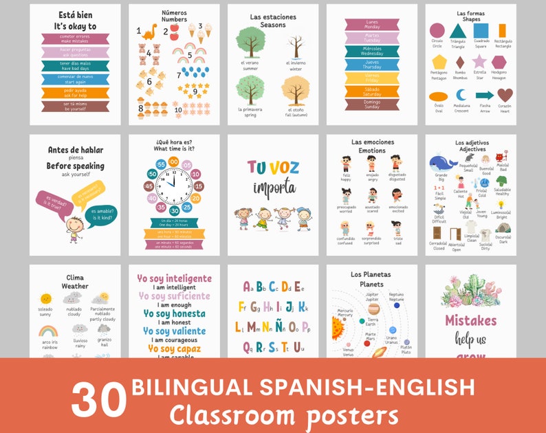 Bilingual Spanish-english Educational Posters (set of 30), Spanish ...