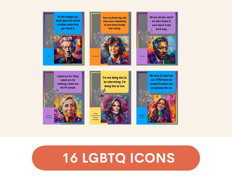 Famous LGBTQ Icons 16 Posters, Grey Theme, Famous LGBTQ Leaders, Pride ...