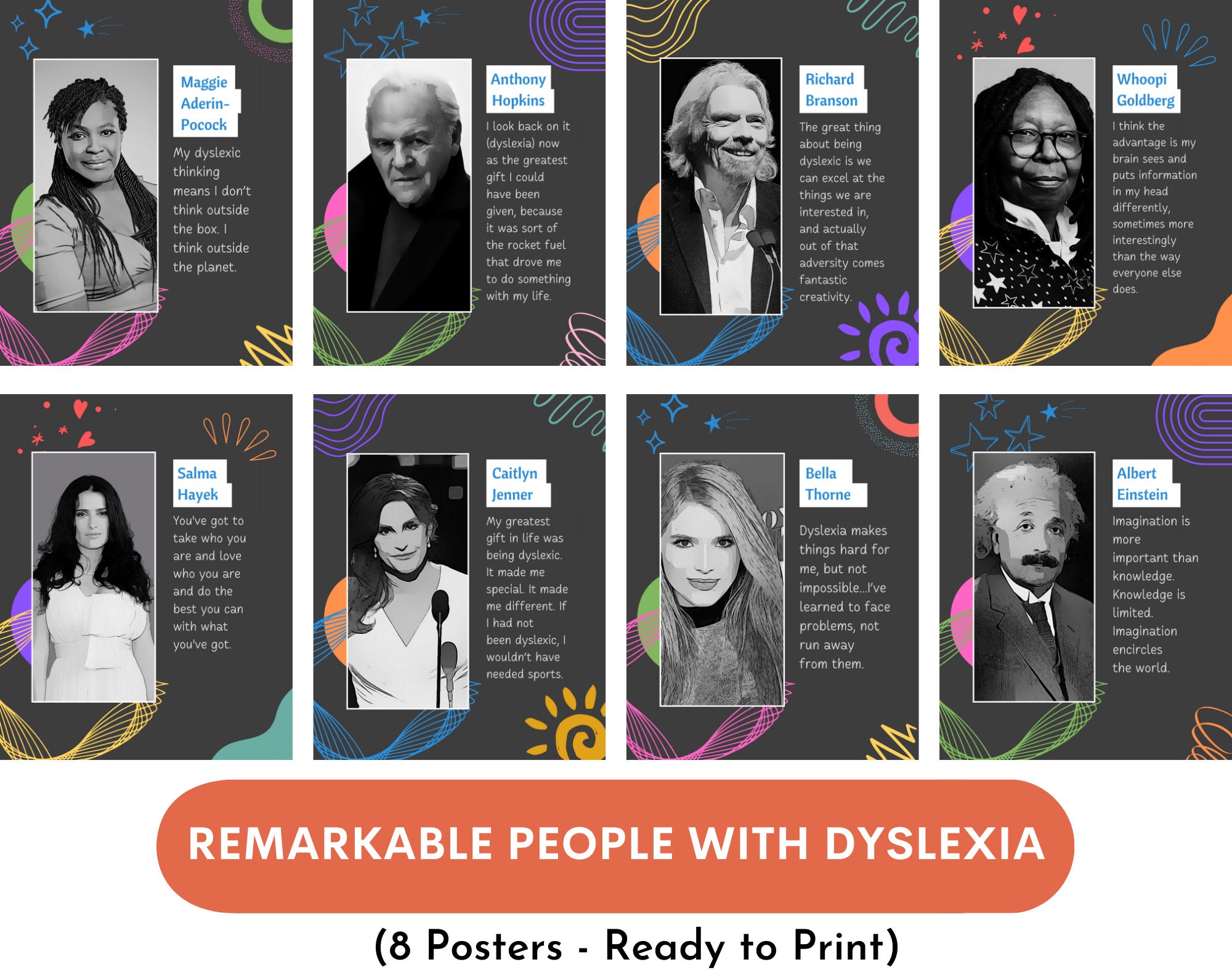 Famous People With Dyslexia Set of 8 Posters, Dyslexia Awareness Month ...