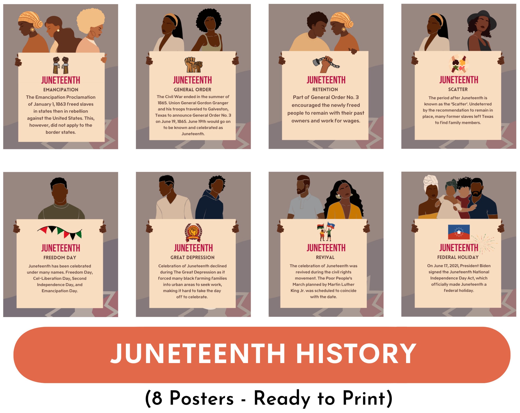 Juneteenth History Posters (set of 8), Boho Theme, Freedom Posters ...