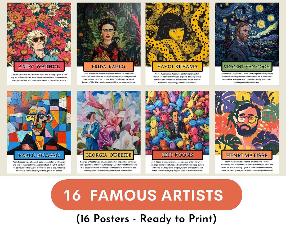 Famous Artists (set of 16), Art History, Art Classroom Decor, Art ...